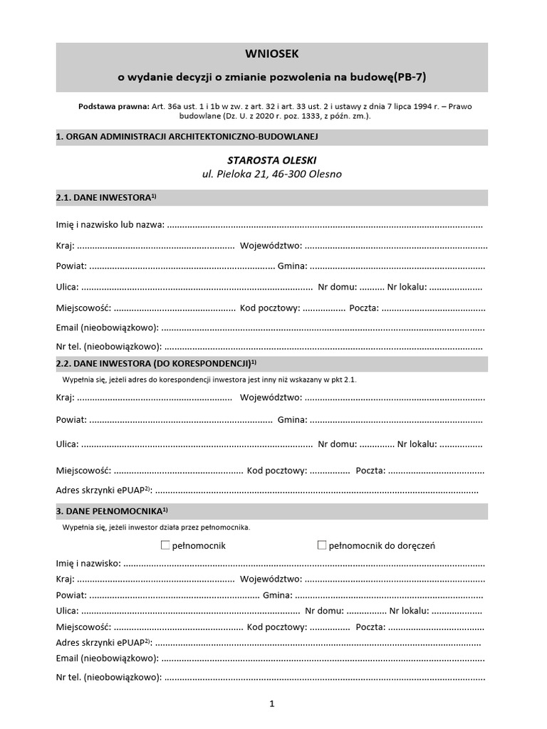 WNIOSEK o Wydanie Decyzji o Zmianie Pozwolenia Na Budowę (PB-7) | PDF