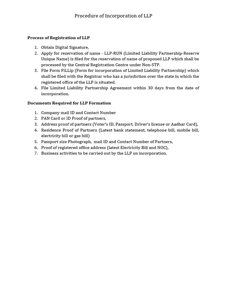 LLP Incorporation Procedure Checklist | PDF