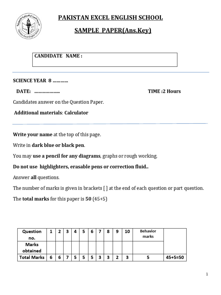 Sample Paper ANSWER KEY | PDF | Blood | Force