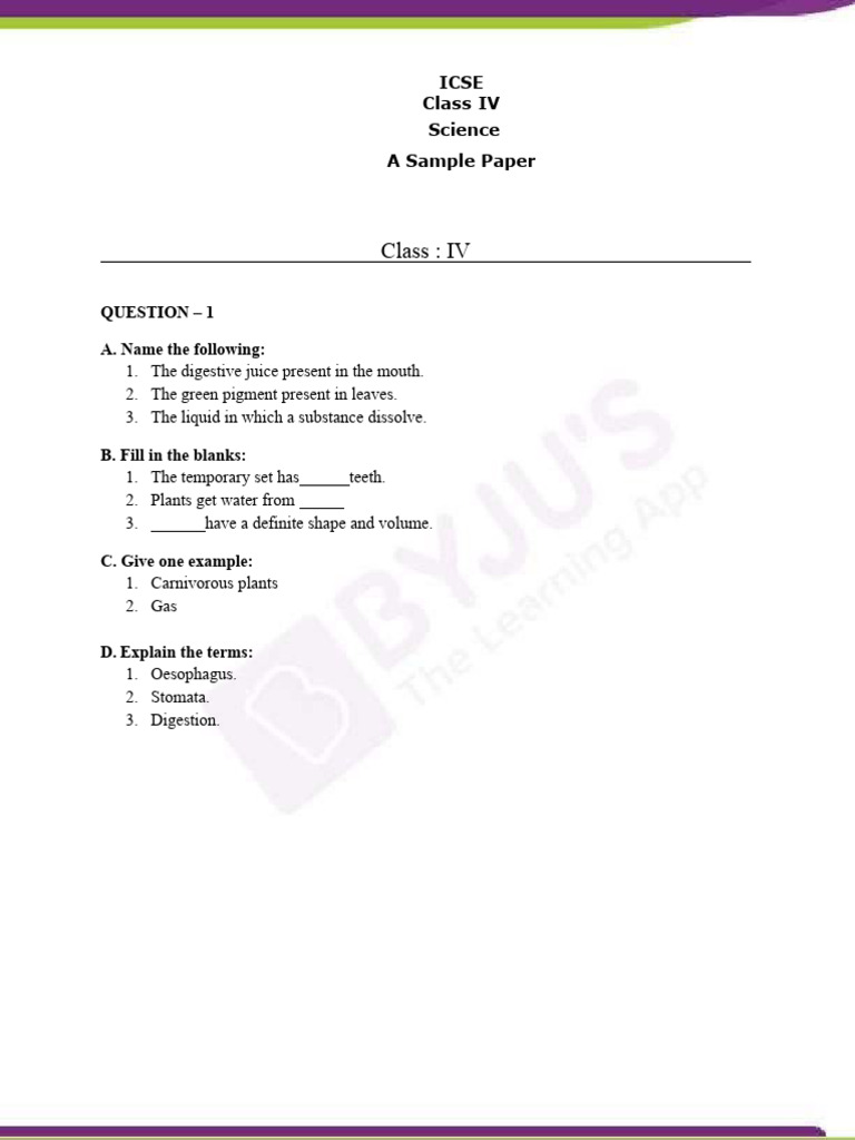 ICSE Class 4 Science Sample Paper PDF | PDF