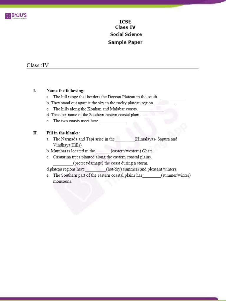 ICSE Class 4 Social Science Sample | PDF