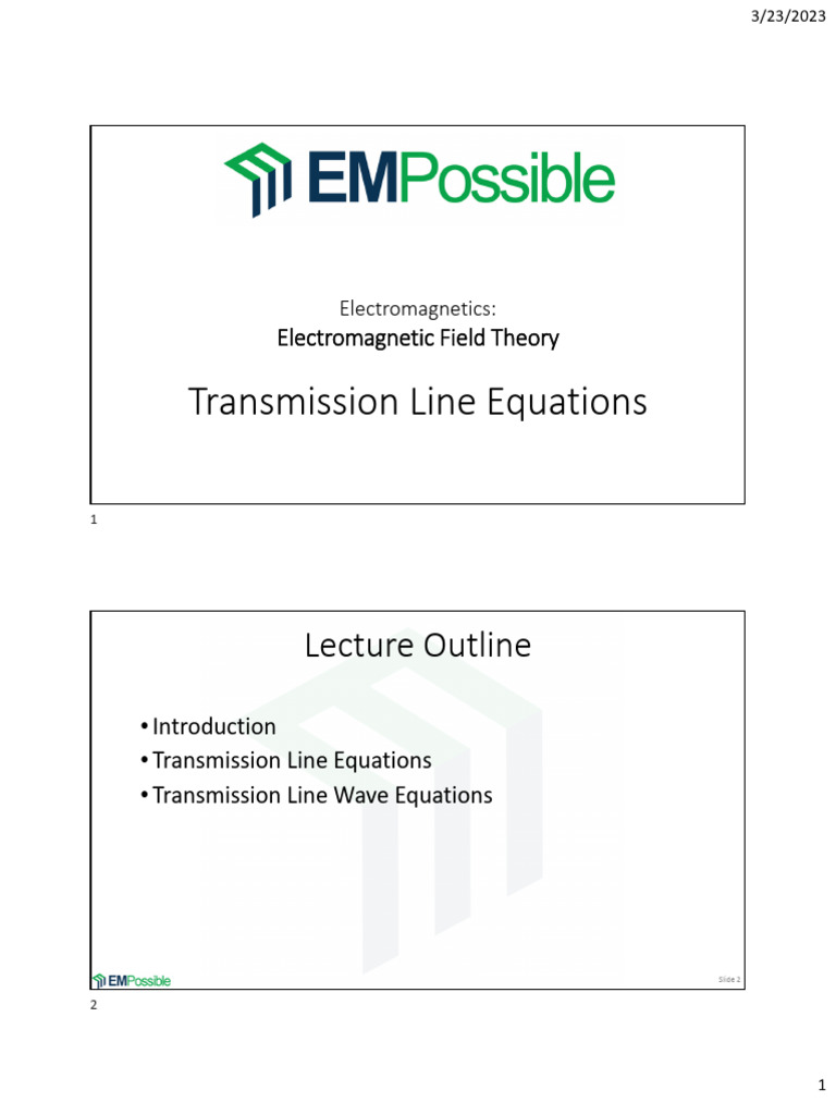 Lecture Transmission Line Equations | PDF | Transmission Line | Waveguide