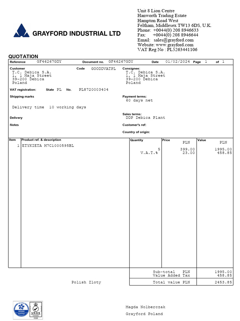 Goodyear Debica GF46267GDY 30.01.2024 | PDF | Value Added Tax | Taxes