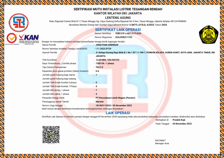 Sertifikasi Slo Jonathan Andrean | PDF | Teknologi & Rekayasa