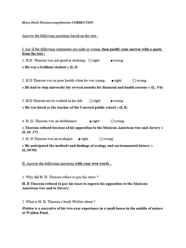 Thoreau Comprehension Correction 2 | PDF | Henry David Thoreau | Civil ...