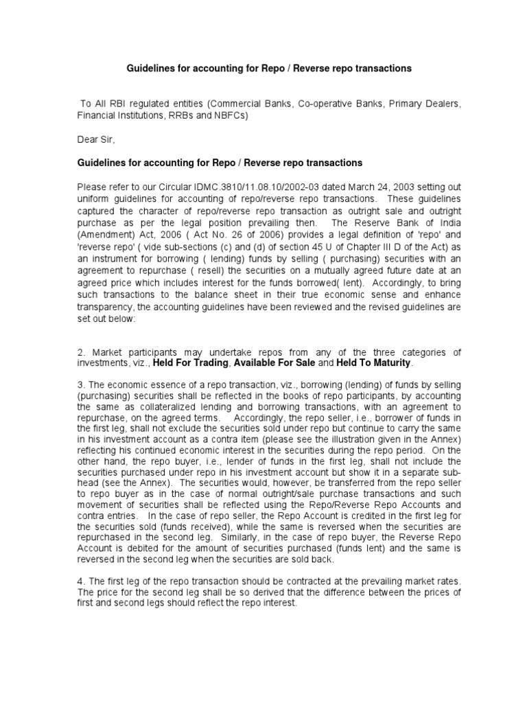 Guidelines For Accounting For Repo / Reverse Repo Transactions | PDF ...