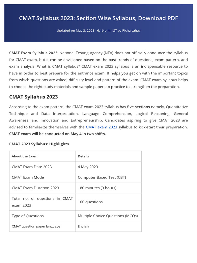 CMAT 2023 Syllabus Overview and PDF | PDF | Multiple Choice | Question