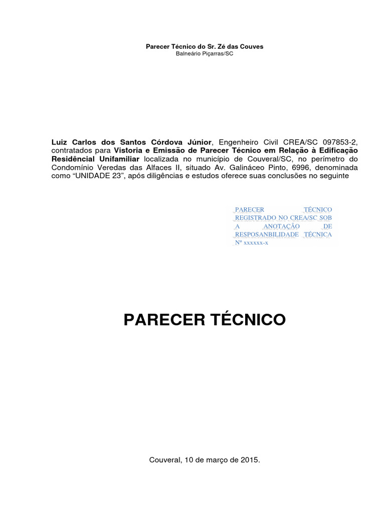 Parecer Técnico - Exemplo | Download grátis PDF | Argamassa (alvenaria) | Engenharia Civil