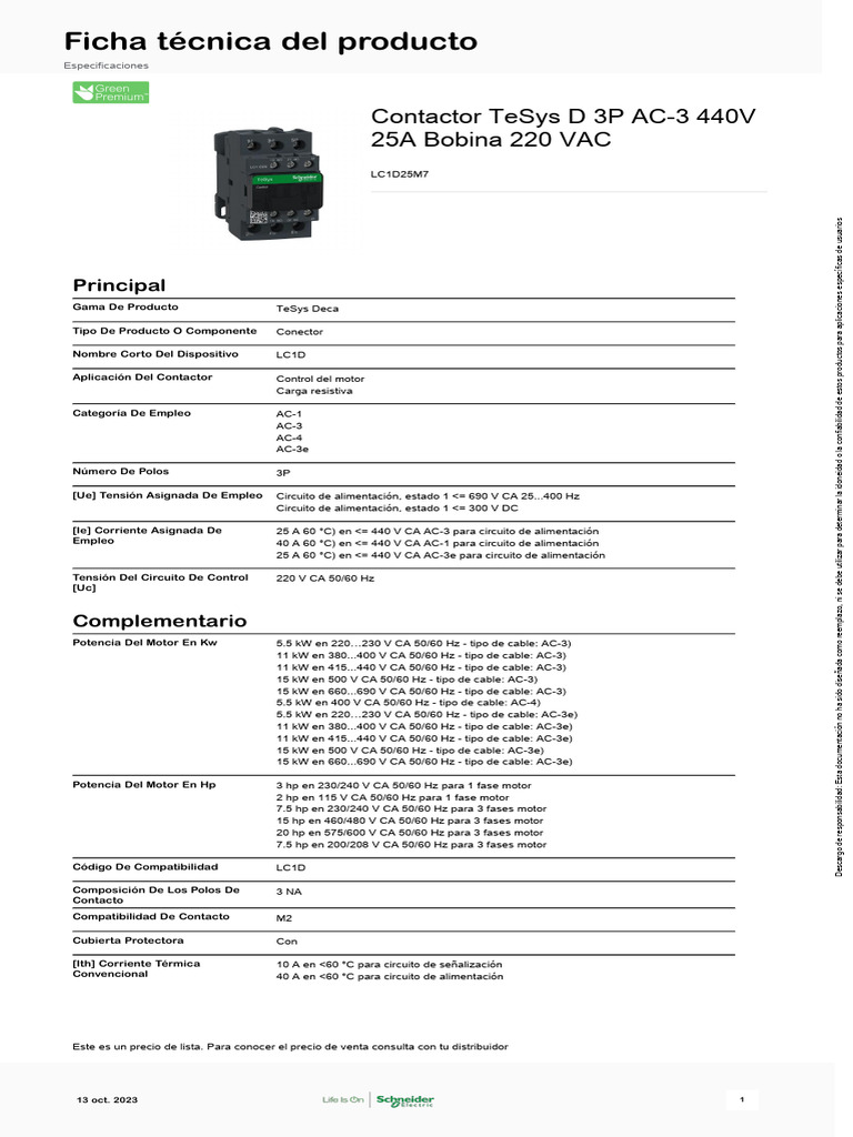 Schneider Electric - TeSys-Deca-contactors - LC1D25M7 | PDF | Residuos ...