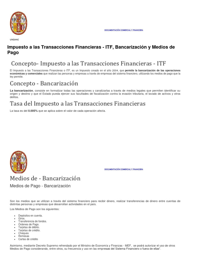 Impuesto A Las Transacciones Financieras - ITF, Bancarización y Medios de Pago | PDF | Tarjeta ...