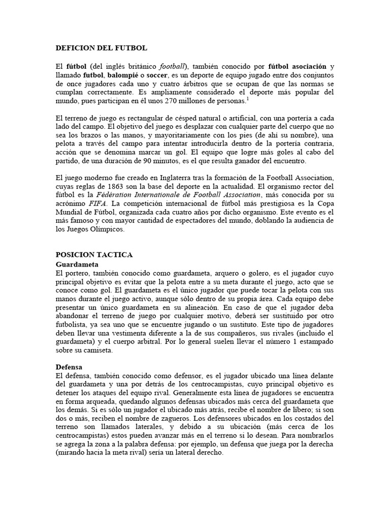 Deficion Del Futbol | PDF | Asociación de Futbol | Defensor (Asociación ...