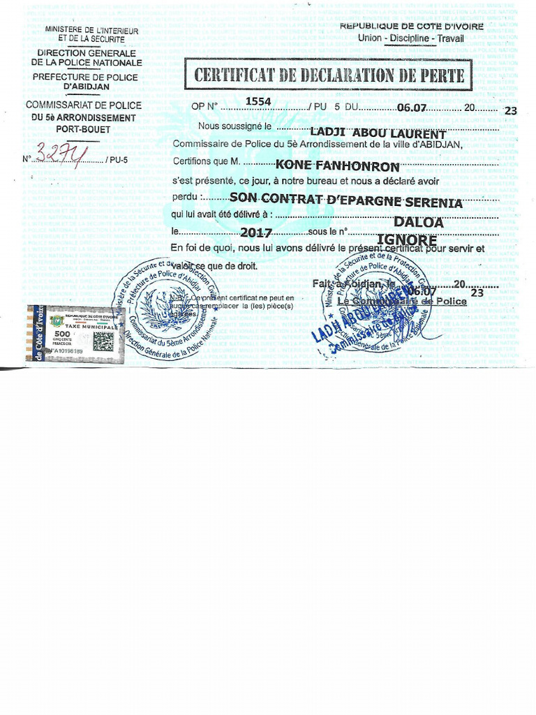 Certificat de Perte | PDF