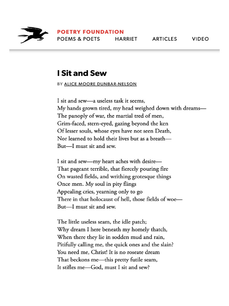 1920 - I Sit and Sew - Alice Moore Dunbar Nelson | PDF