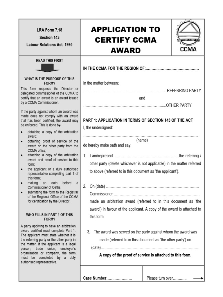 LRA 7.18 - Application To Certify CCMA Award 1 | PDF | Affidavit | Notary Public