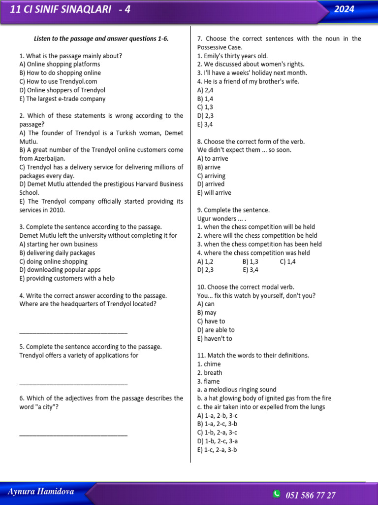 Yeni Model 11 Ci Sinif Sinaqlari - 4 | PDF | Books | Linguistics