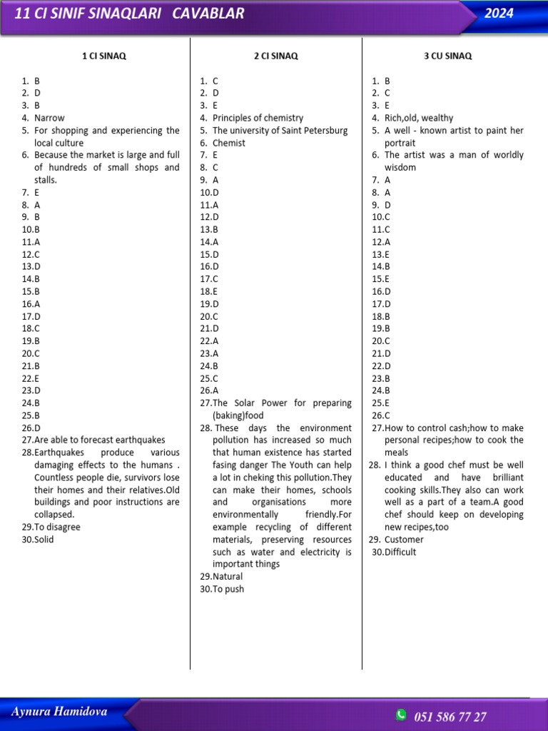 Yeni Model 11 Ci Sinif Sinaqlari - Cavablar | PDF | Natural Environment