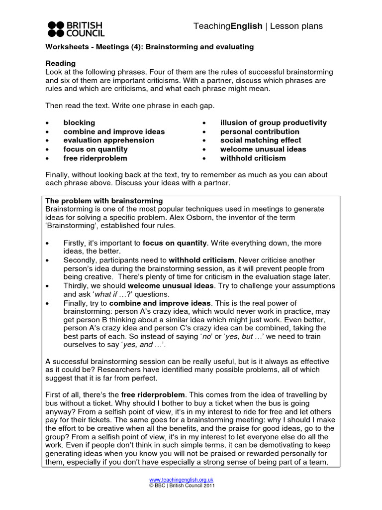 Meetings 4 - Brainstorming and Evaluating - Worksheet | PDF ...