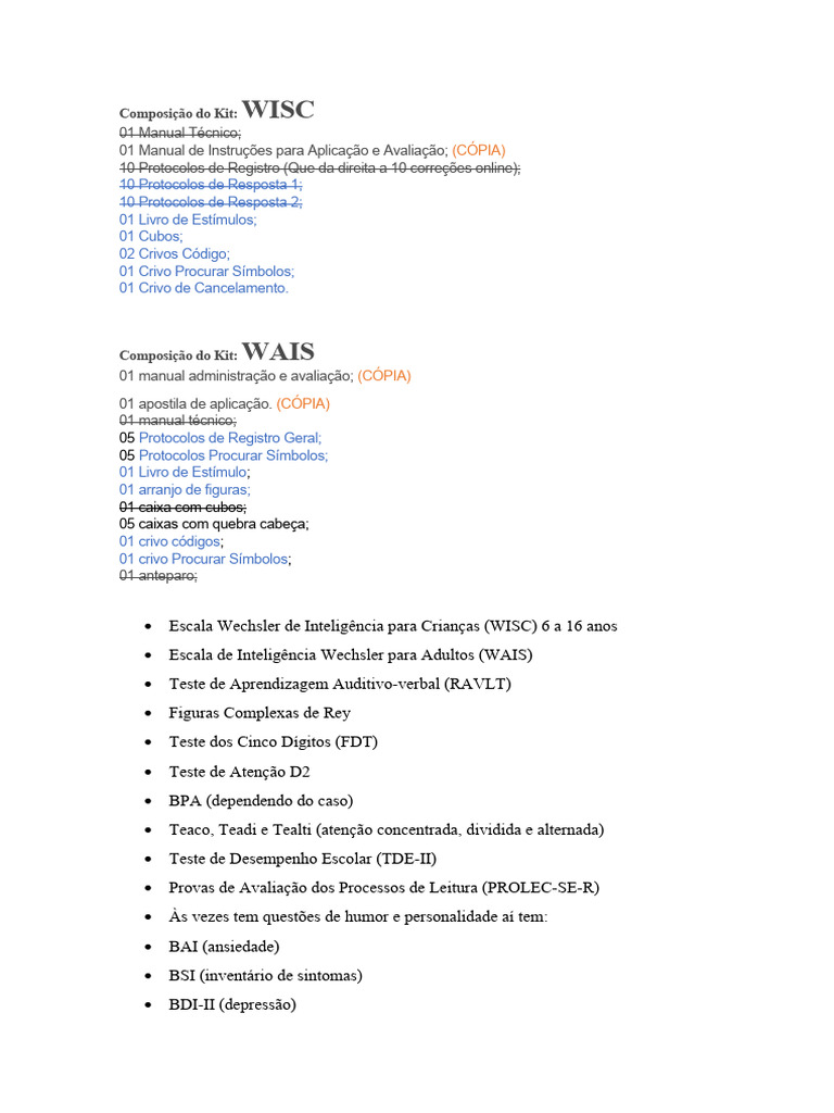 Composição dos Kits WISC e WAIS | PDF | Autoajuda