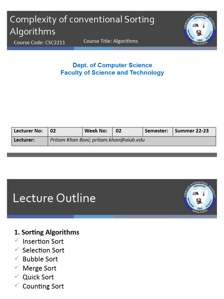 Lecture 2 Insertion, Selection, Bubble Sort Algorithms | PDF | Computer Programming | Applied ...