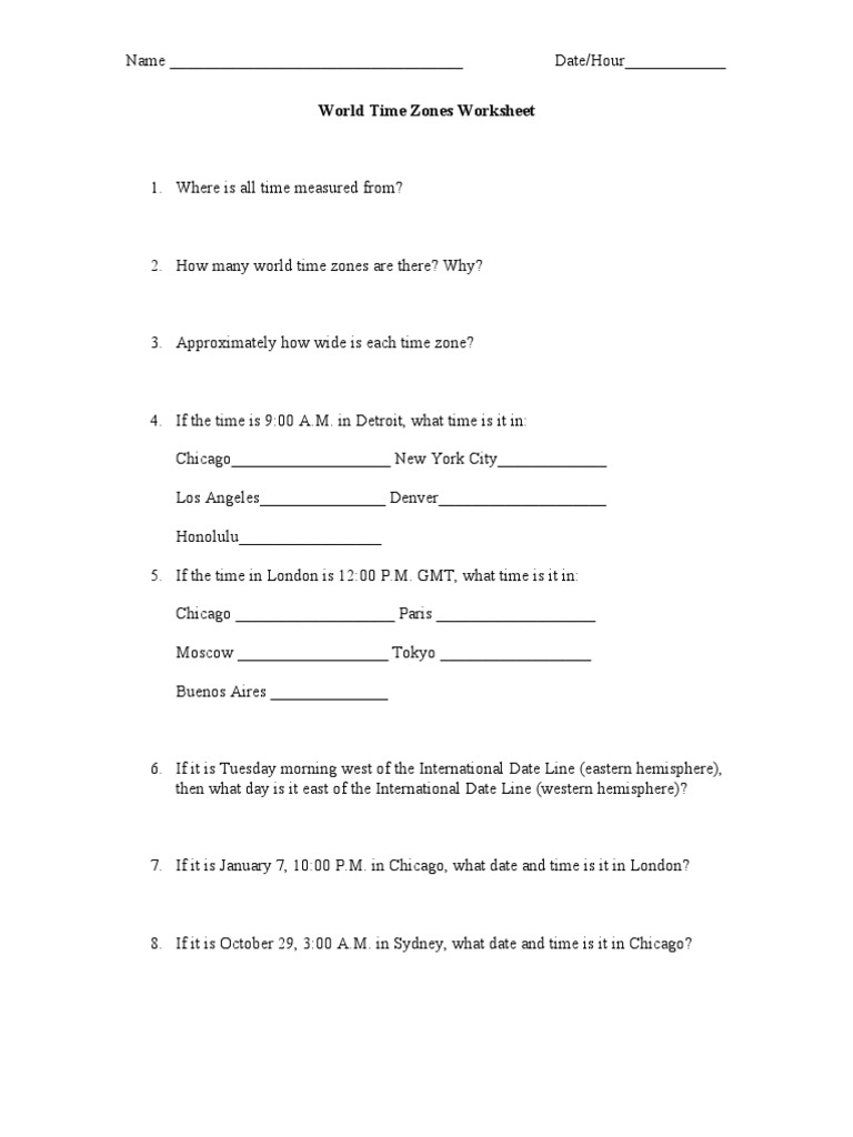 World Time Zones Worksheet