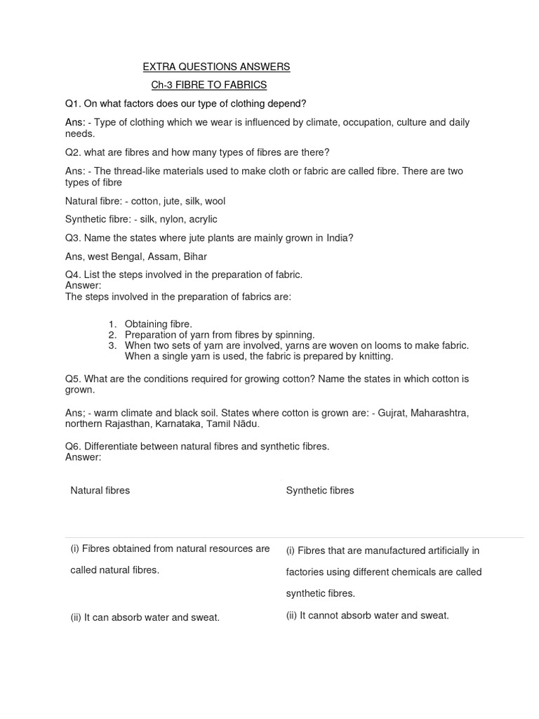 EXTRA QUESTIONS ANSWERS ch-3 | PDF | Textiles | Spinning (Textiles)