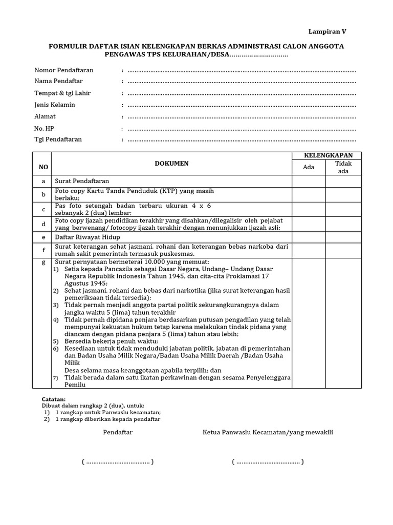 Form Checklist Pendaftaran Ptps | PDF