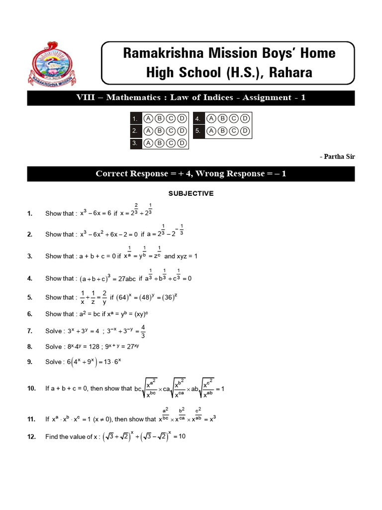Math VIII Law of Indices Assignment 01 QUES RKM | PDF