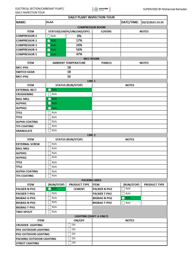 Name: Date/Time: Daily Plant Inspection Tour: False | Download Free PDF ...