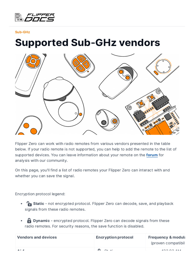 Supported Sub-GHz Vendors - Flipper Zero - Documentation | PDF Supported Sub-GHz Vendors - Flipper Zero - Documentation | PDF