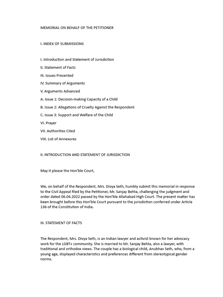 Moot Memo Issue 2 Petitioner | PDF | Best Interests | Gender