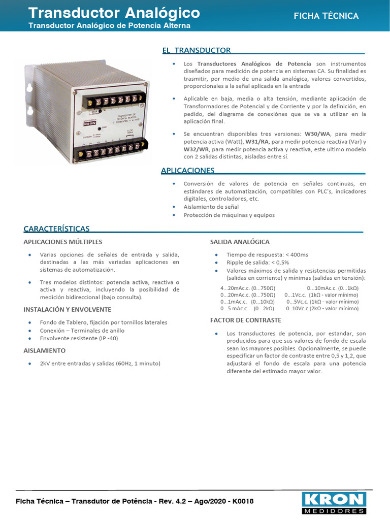 Transductor de Potencia Kron Analogico | PDF | Señal analoga | Energia ...