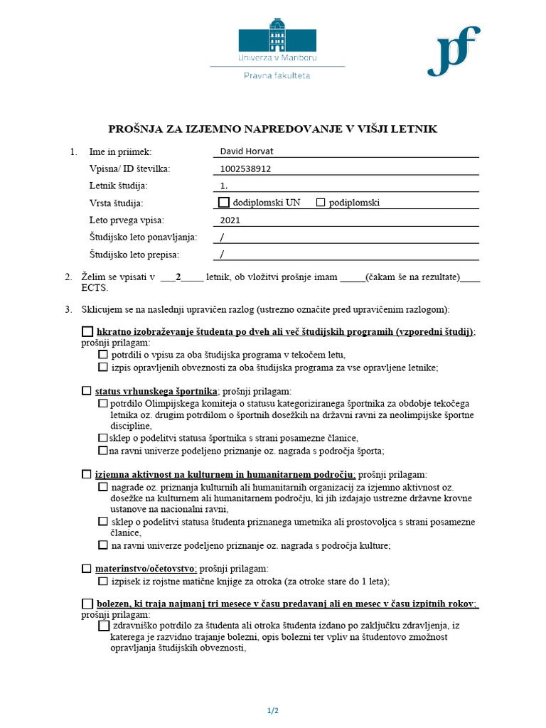 Prosnja Za Izjemno Napredovanje V Visji Letnik PDF