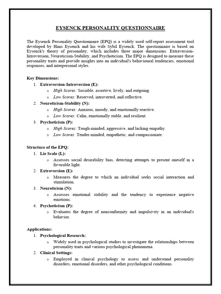 EYSENCK PERSONALITY QUESTIONNAIRE c | PDF | Extraversion And ...