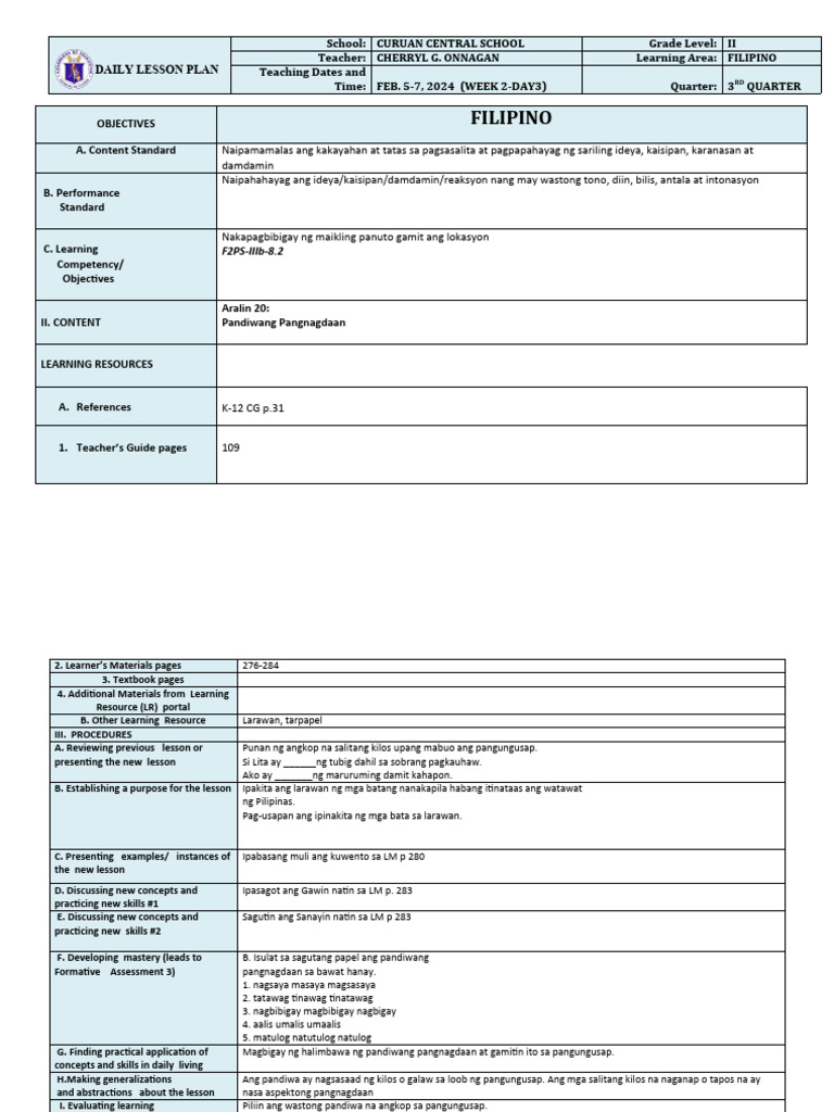 DLP 3rd Quarter Week 3 Filipino | PDF
