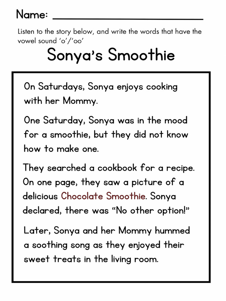 Vowel Sound Stories - Sonya's Smoothie | PDF