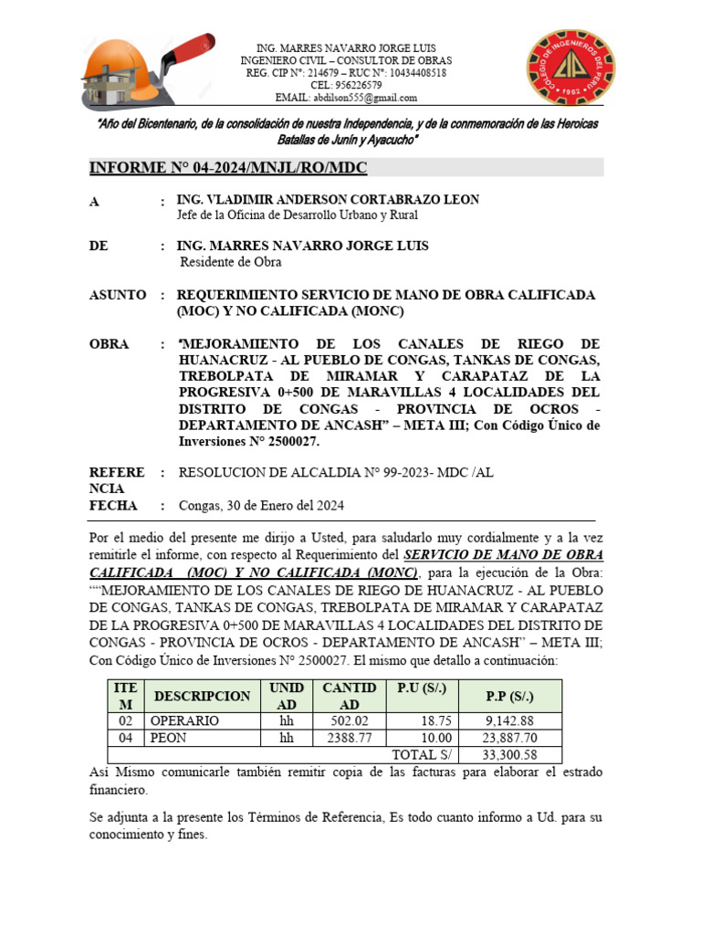 Informe Residente #04 - Req de Mano de Obra | PDF