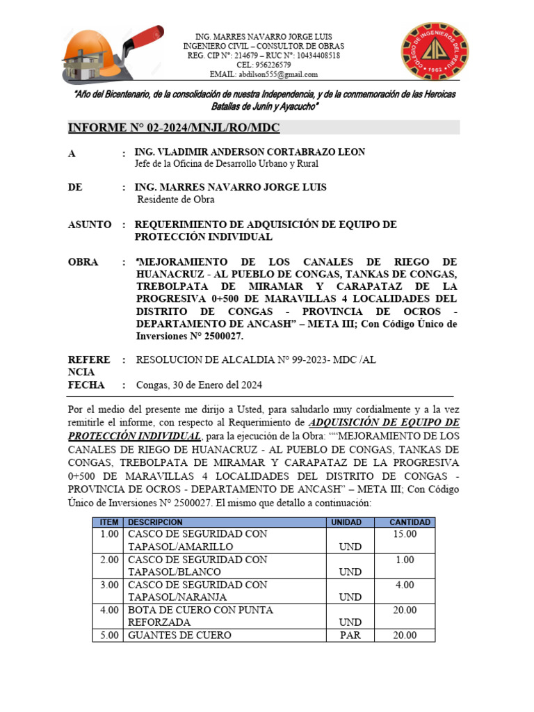 Informe Residente #02 - Req de Adquisicion de EPP | PDF | Ética legal | Ley común