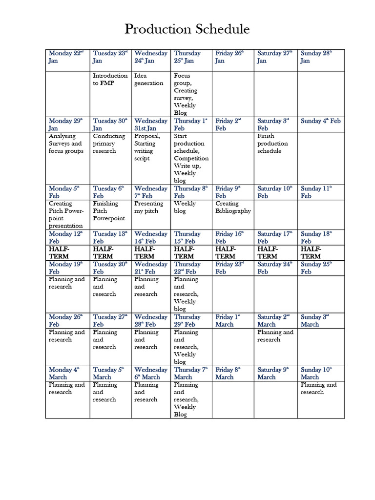 production schedule | PDF | Easter