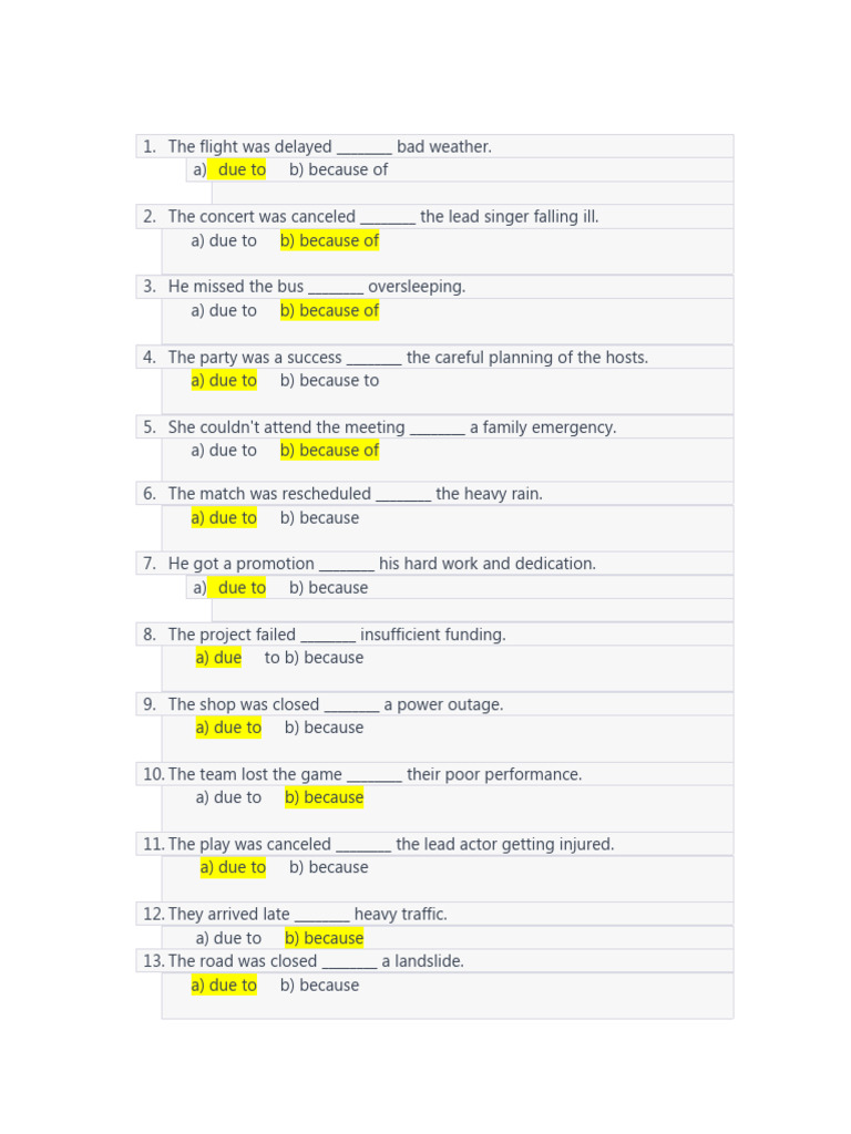 Grammar Quiz: Due To vs. Because Of | PDF