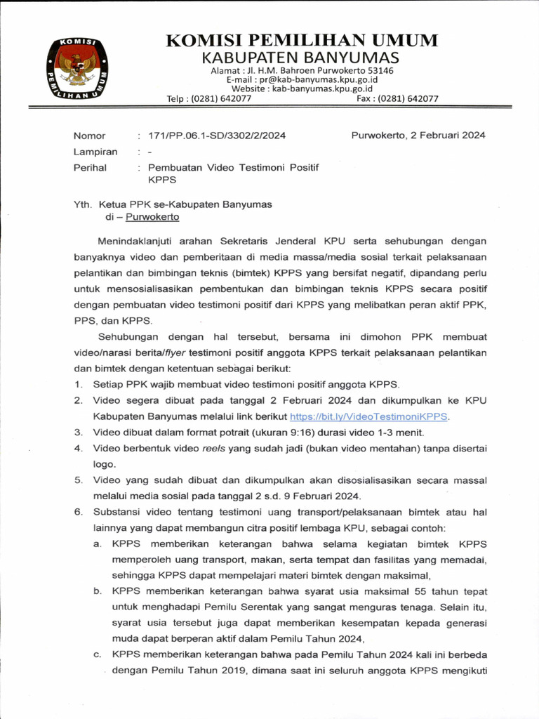 Surat No 171 - Pembuatan Video Testimoni Positif PD Ketua PPK SeKb ...
