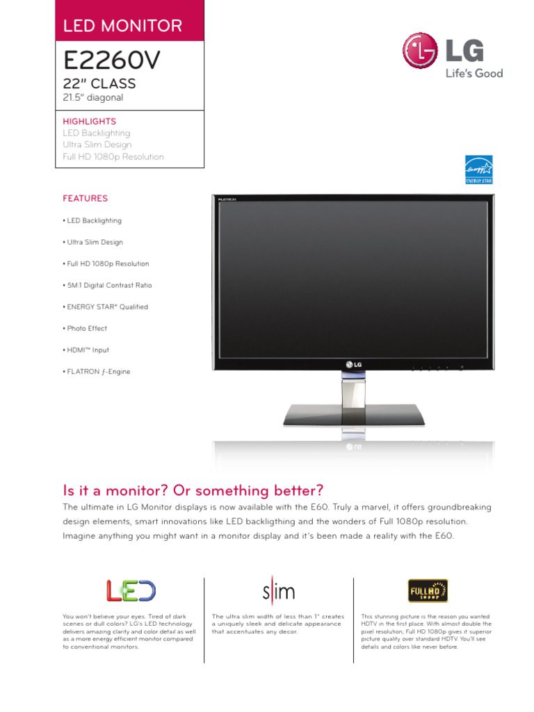 LG LED Monitor E2260V Specification | PDF | Display Resolution | Computer Monitor