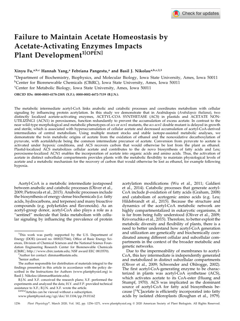 Acetate Homeostasis in Plant Development | PDF | Metabolism | Zygosity