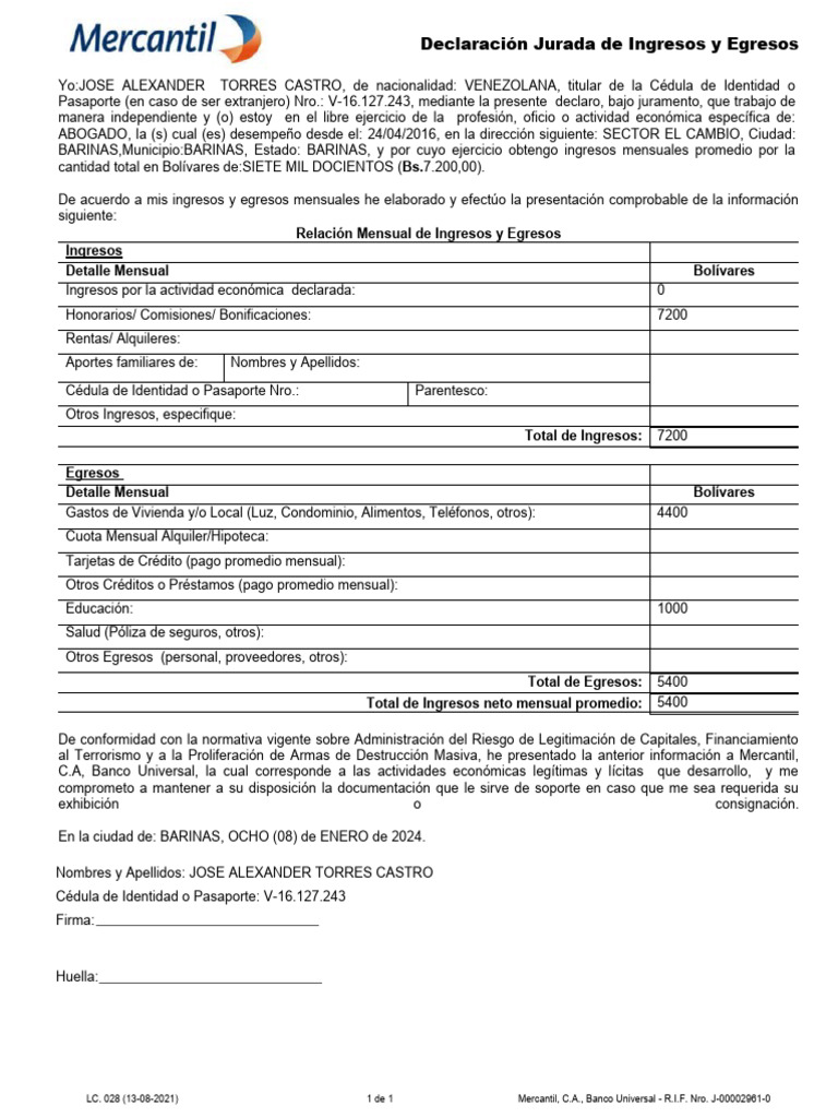 Declaracion - Jurada - de - Ingresos - y - Egresos Mercantil | PDF | Derecho