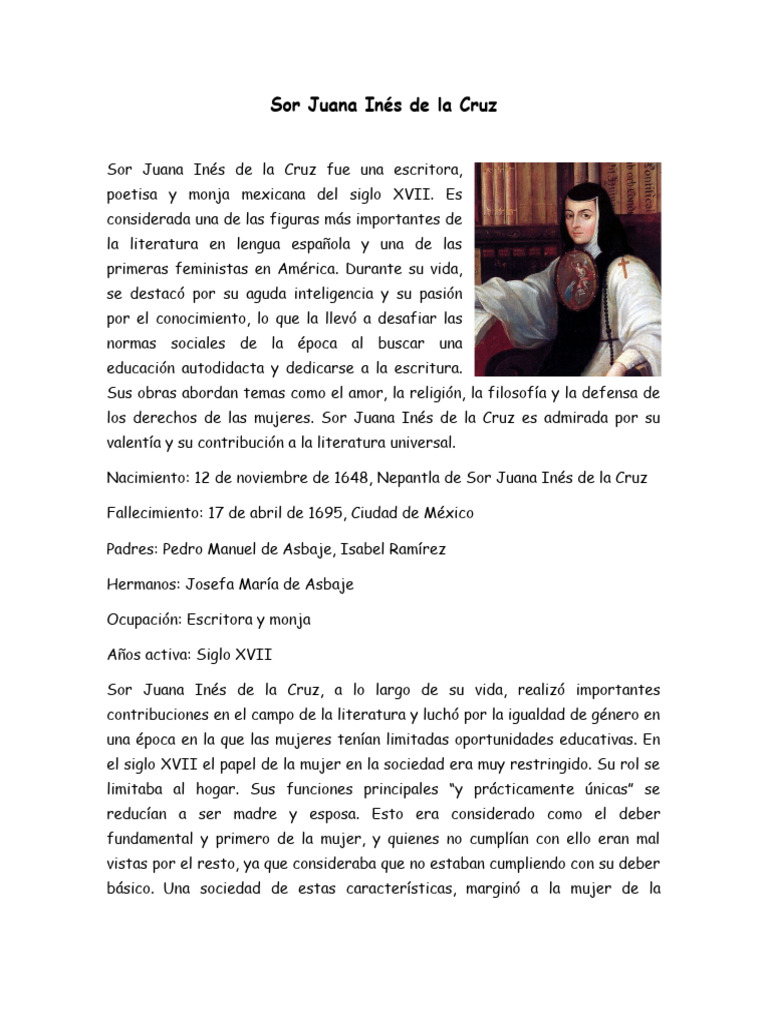 Biografía de Sor Juana Inés de la Cruz | PDF
