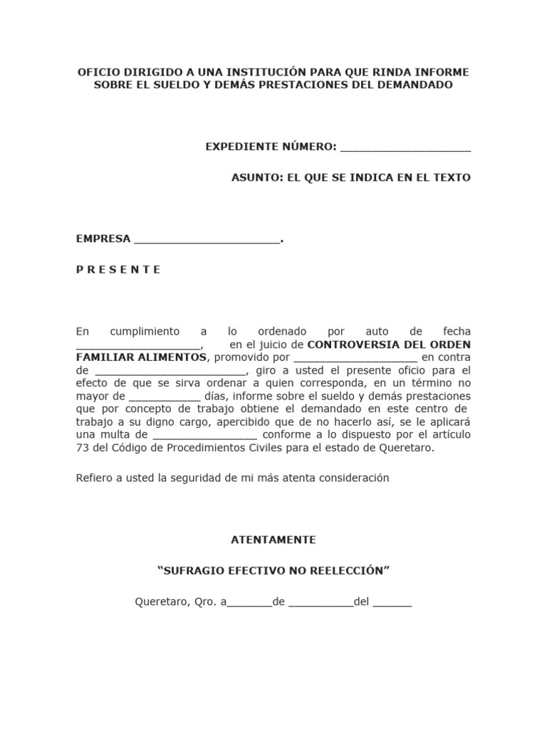 Oficio Dirigido A Una Institución para Que Rinda Informe Sobre El ...