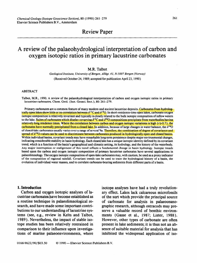 Talbot, 1990. A Review of The Palaeohydrological Interpretation of ...