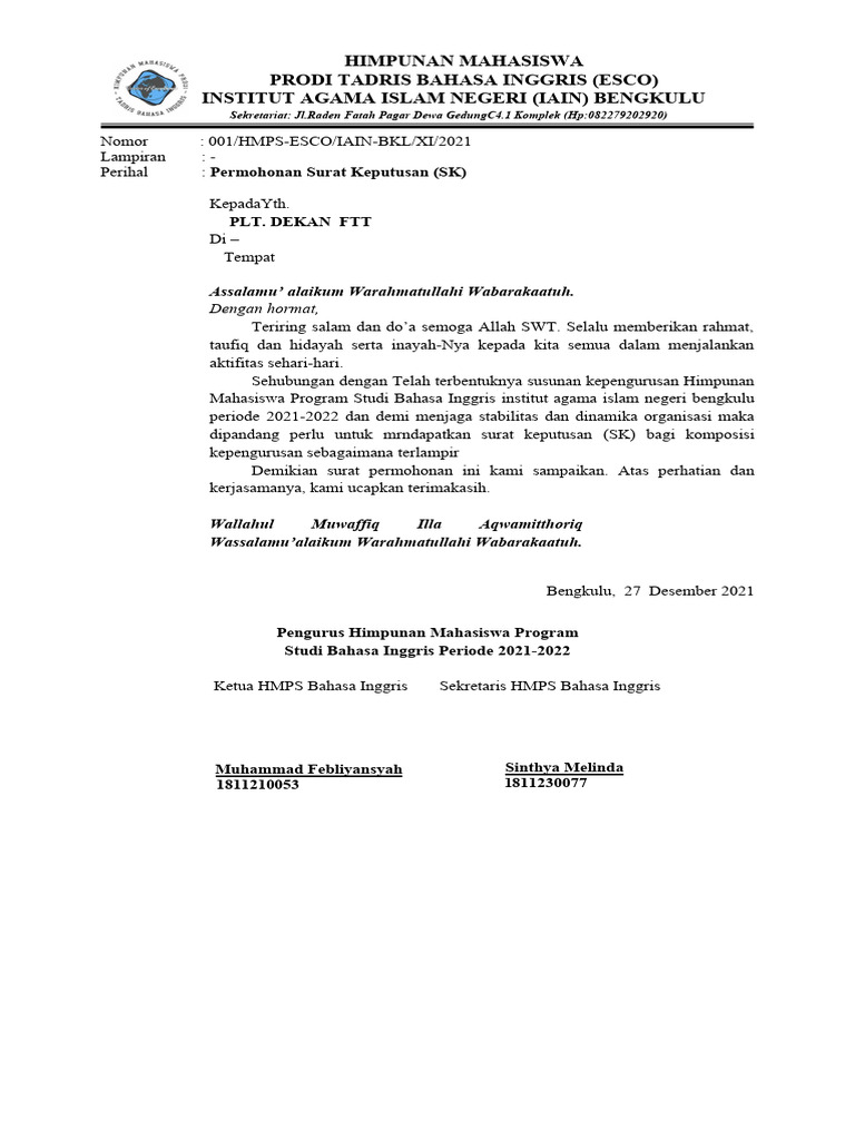 Surat Pengajuan SK Hmps B Inggris | PDF