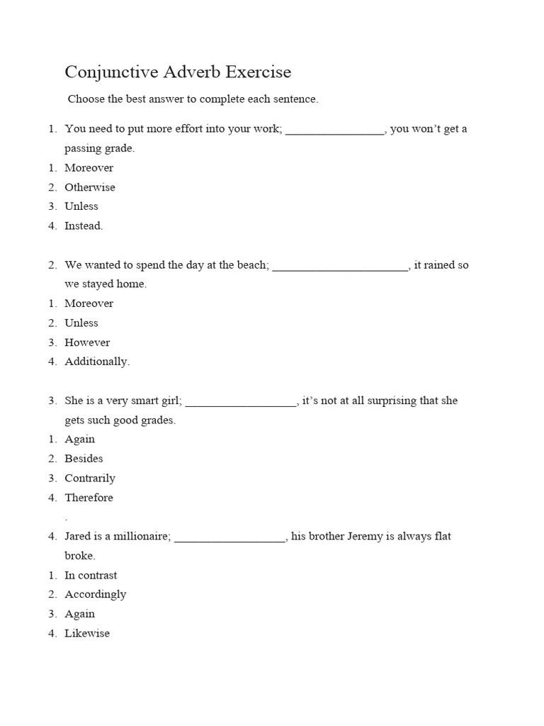 Conjunctive Adverb Exercise | PDF Conjunctive Adverb Exercise | PDF