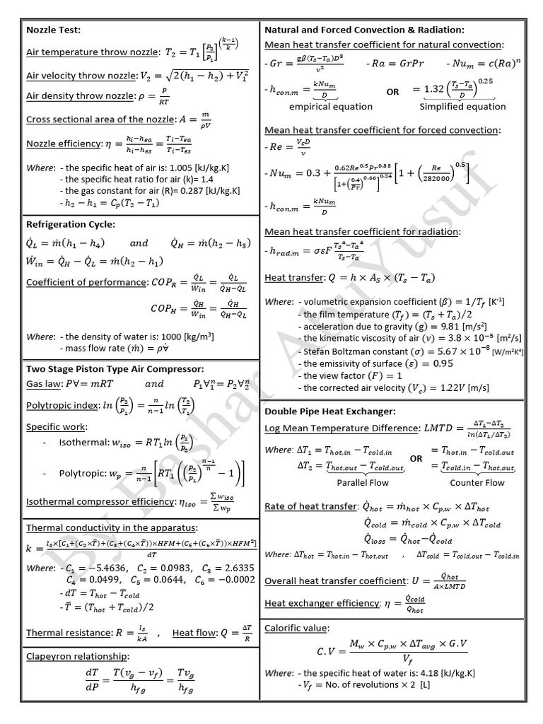 Thermal Lab I Equation Sheet | PDF | Heat Transfer | Gases