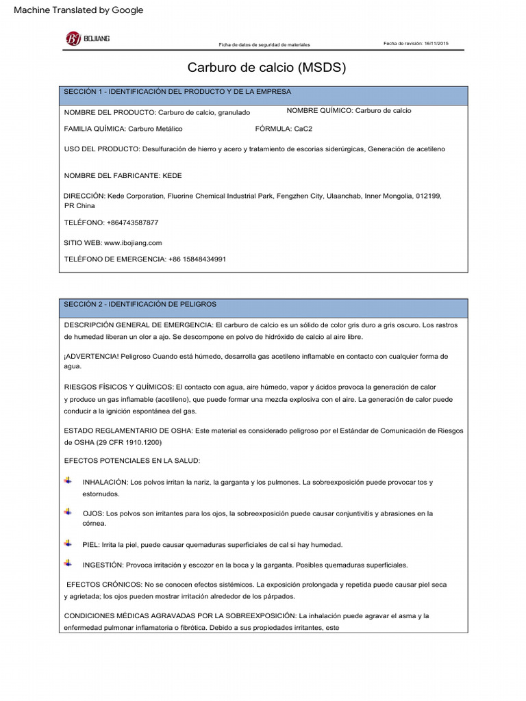 MSDS Calcium Carbide (CaC2) | Descargar gratis PDF | Agua | Calcio